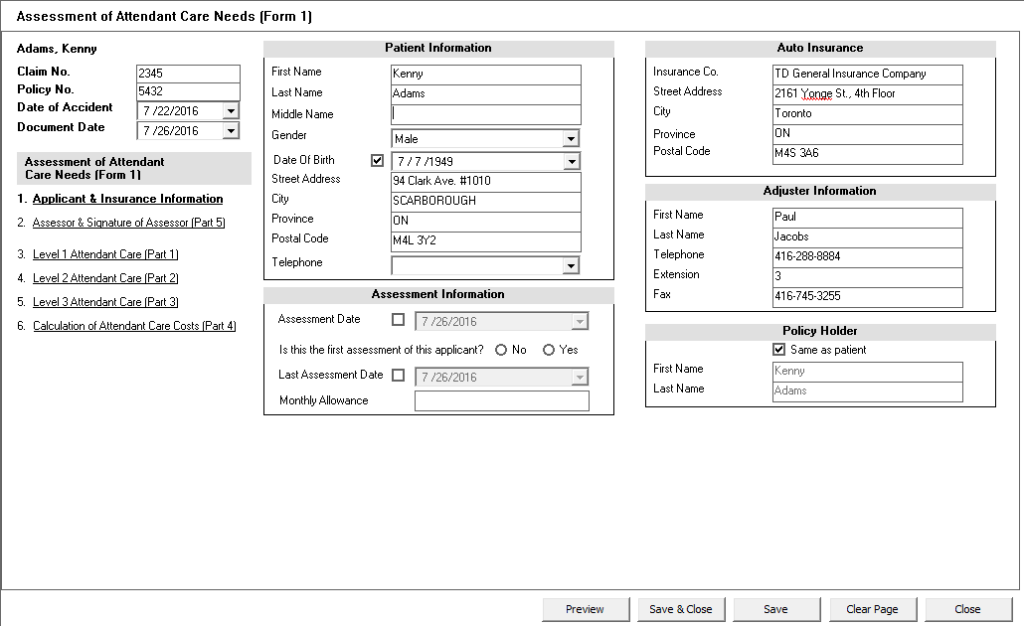 Create and Submit Assessment of Attendant Care Needs (Form 1)